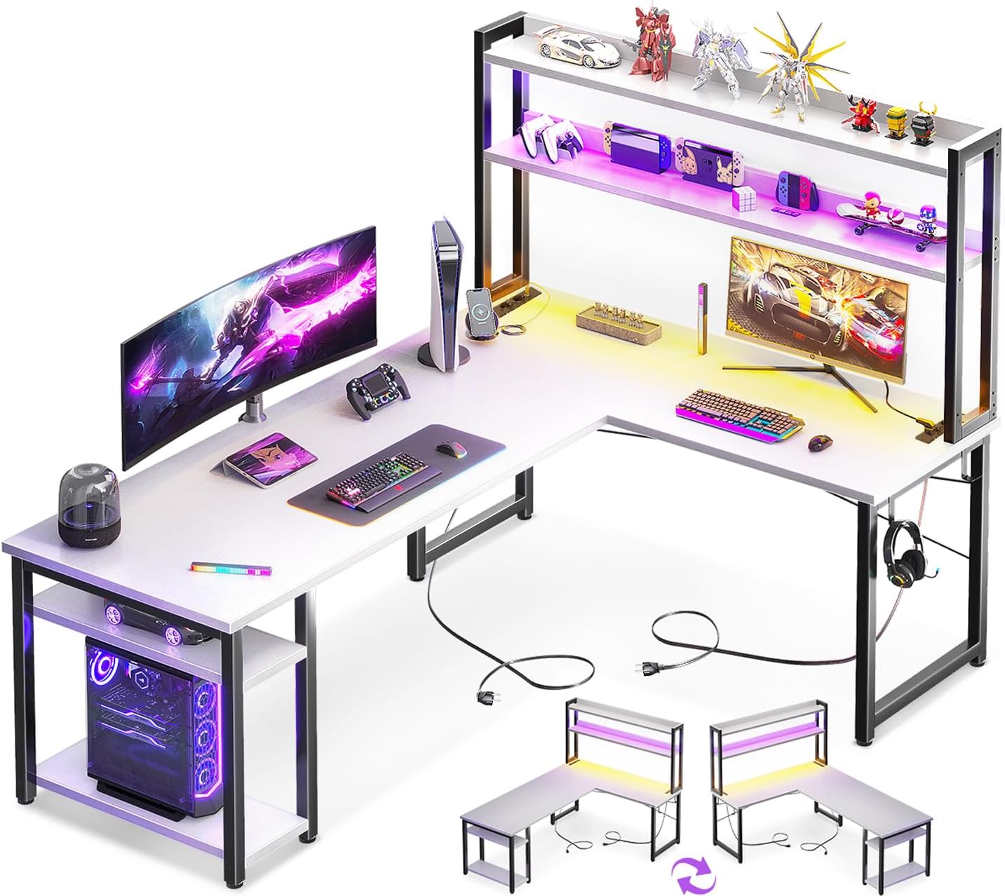 ODK Scrivania Gaming con LED, Scrivania con Ripiano Reversibile, Scrivania ad L con Prese e ...