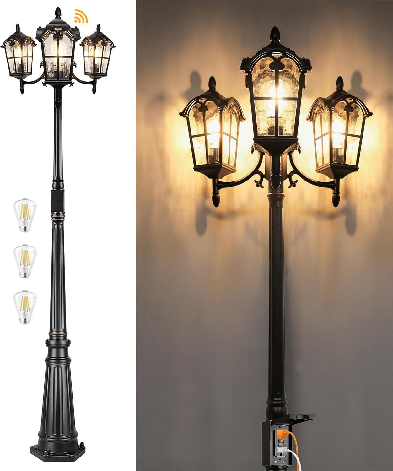 Black Roman Dusk to Dawn Outdoor Lamp Post with GFCI Outlet, Triple ...