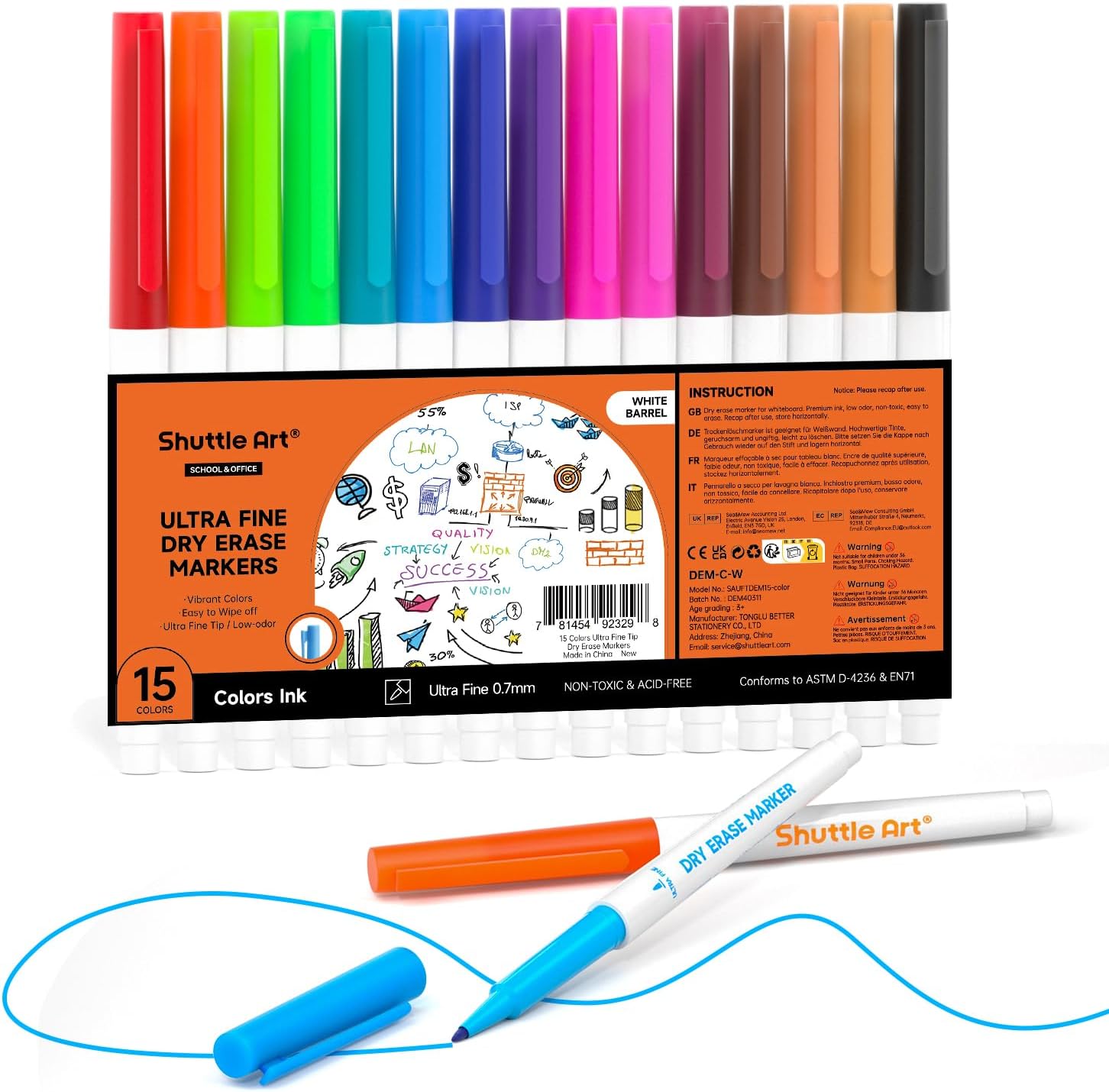 Shuttle Art Ultra Fine Tip Whiteboard Pens, 15 Colours Whiteboard ...