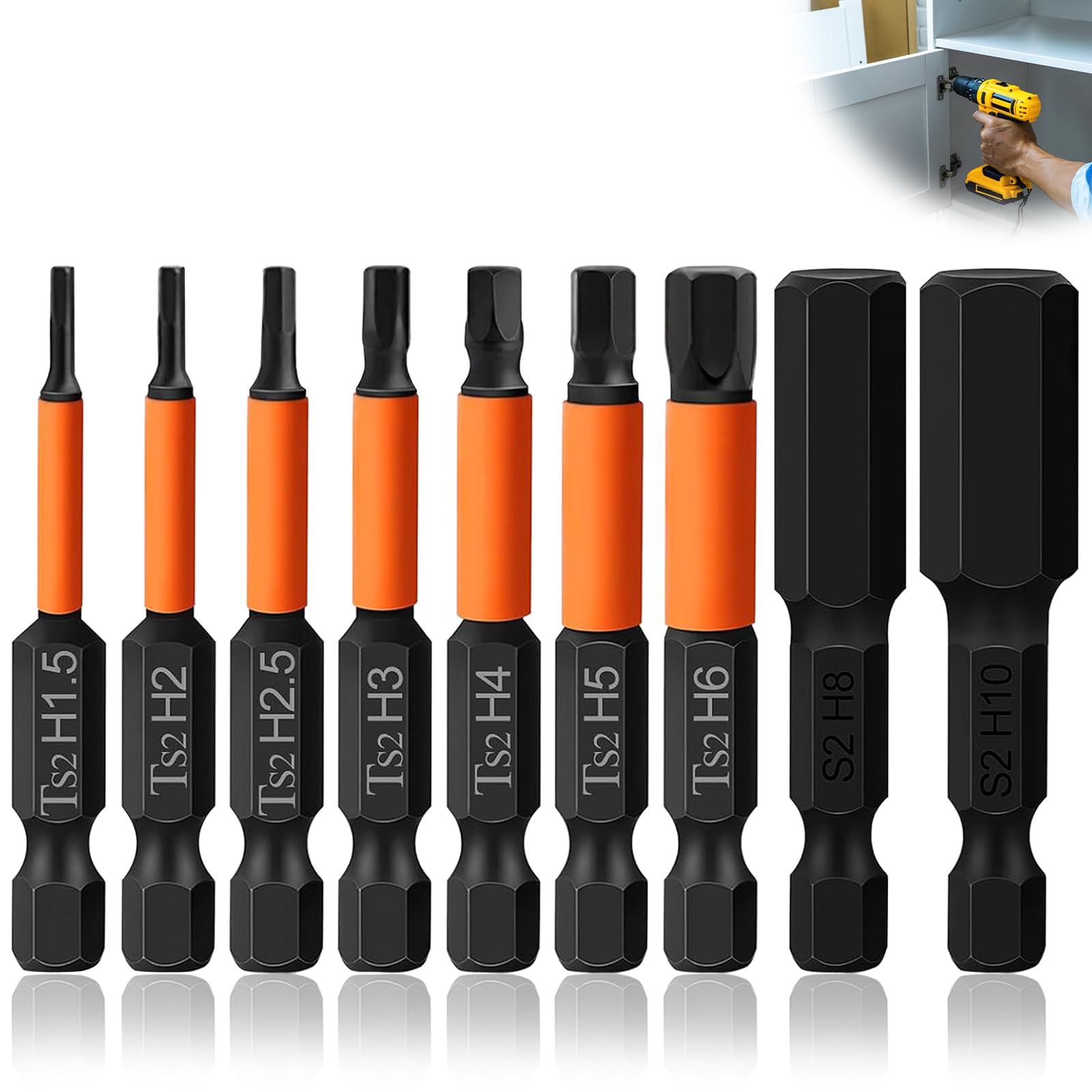 INBOLM 9 Pcs Magnetic Allen Key Drill Bit Set H1.5-H10 50mm Hex Allen ...