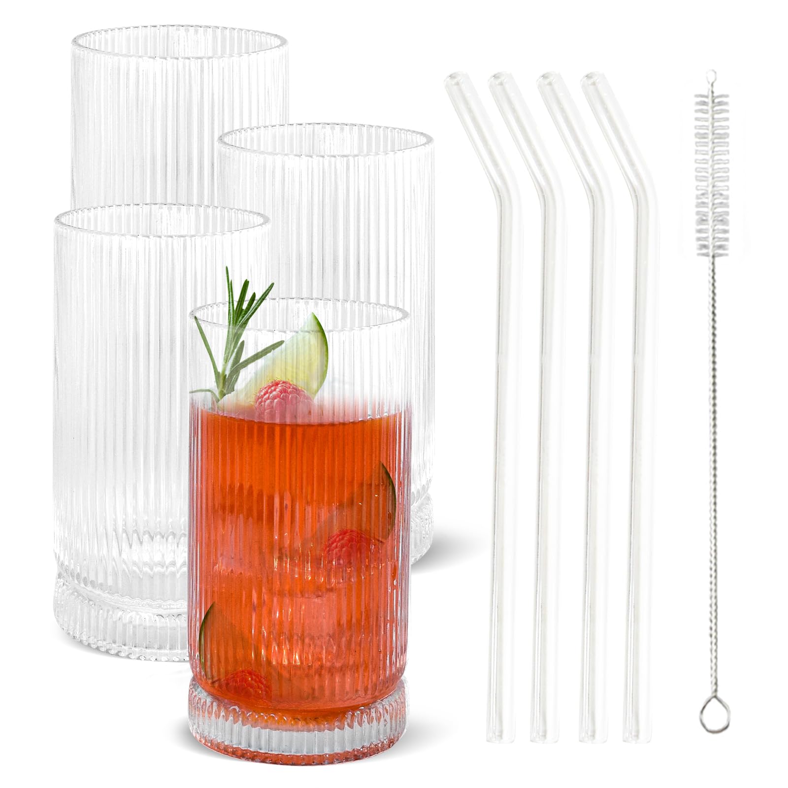 Amazon.com | 16 oz Ribbed Drinking Glasses, Ribbed Glassware Set of 4 ...