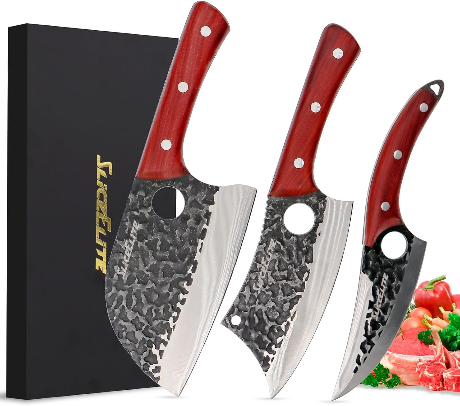 Amazon.com: 3PCS Hand-Forged Professional Butcher Knife Set: Cleaver ...