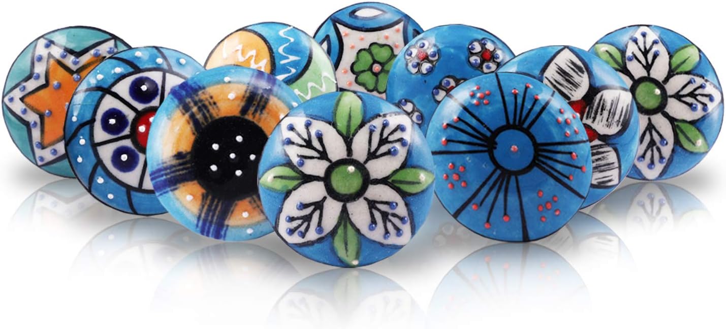 DORPMARKET 10 Pieces Set of Sky Blue Color Ceramic Knobs Drawer Pulls with Different Design ...