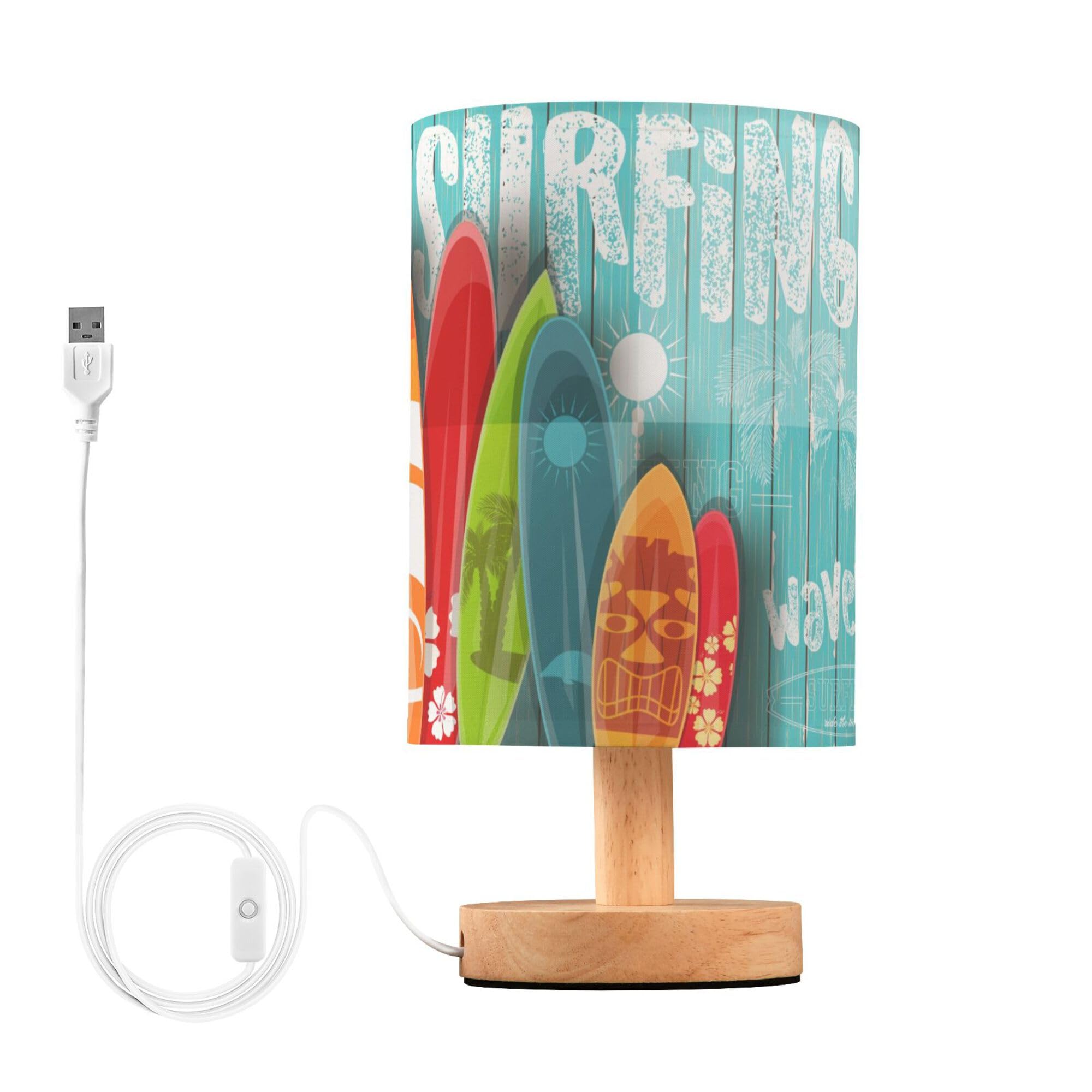 YYZZH Table Lamp Colorful Surfboard Palm Tree Graphic Blue Wooden ...