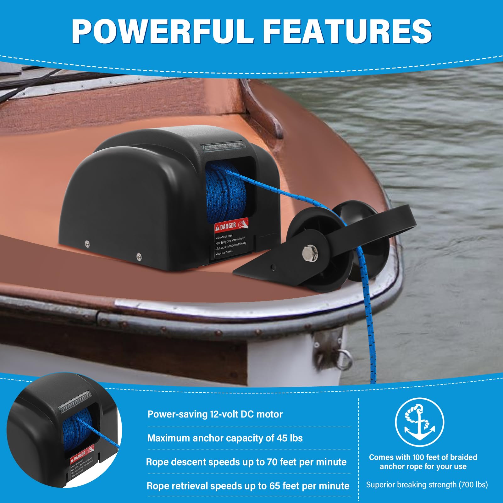 Pontoon Anchor Winch Undercat 45 LBS Boat Electric Anchor Winch, Marine ...