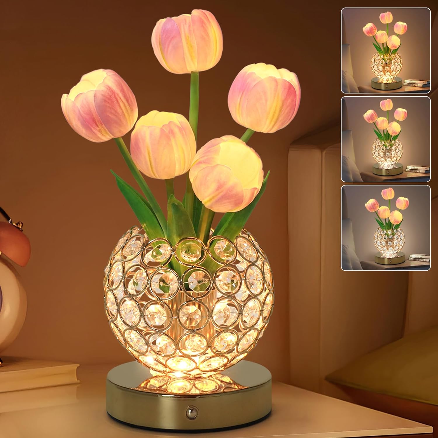 Strackvial Tulip Flower Lamps, 3 Colors Touch Stepless Dimming Crystal ...