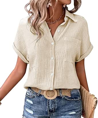 KOOSUFA Womens Button Down Shirts Short Sleeve Summer Pleated Cotton V Neck Casual Tops Blouses ...
