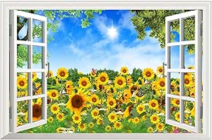 Amazon.de: 3D Effekt Fensteransicht Bilder Landschaft Gemälde. Sonnenblumen Blume Vlies ...