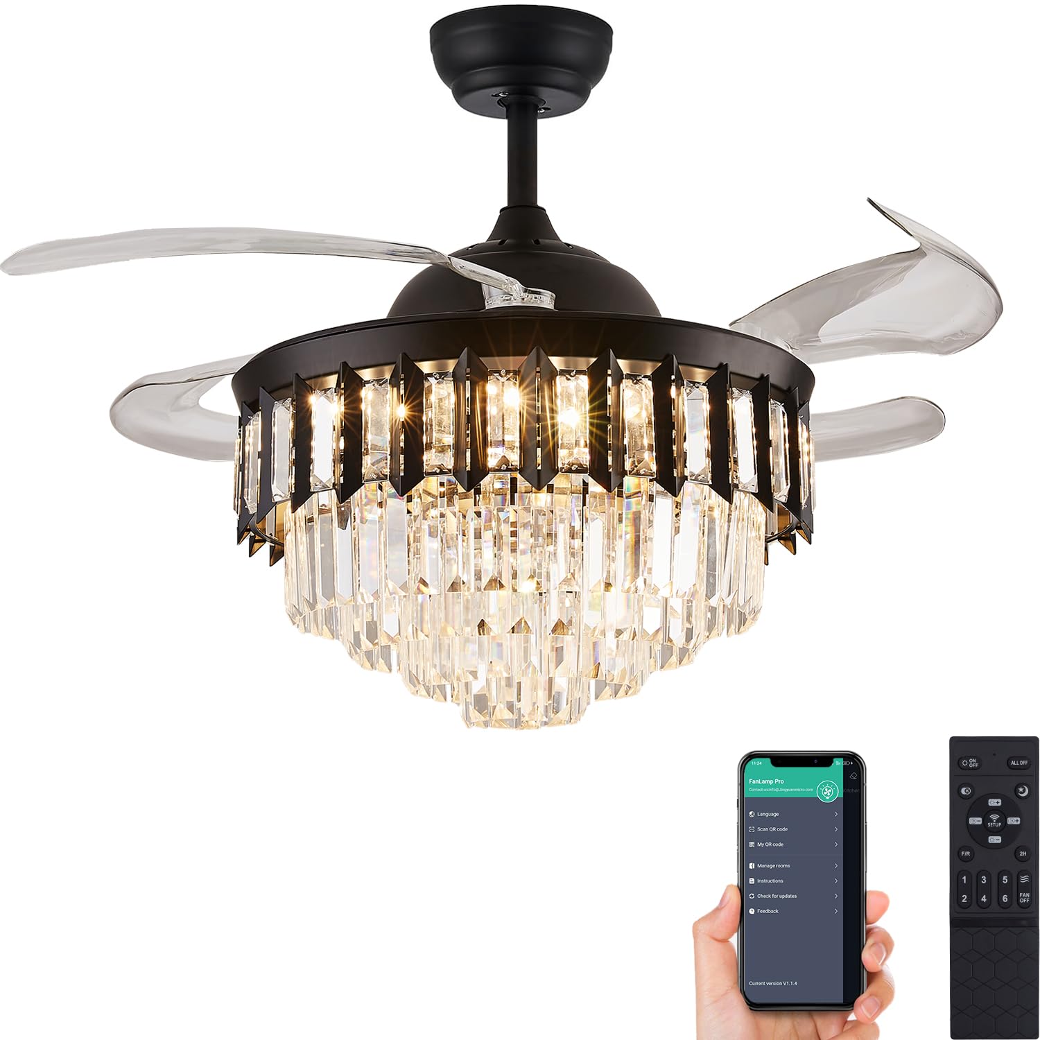 Trssdre 42" Dimmable Black Fandelier Crystal LED Ceiling Fans with ...
