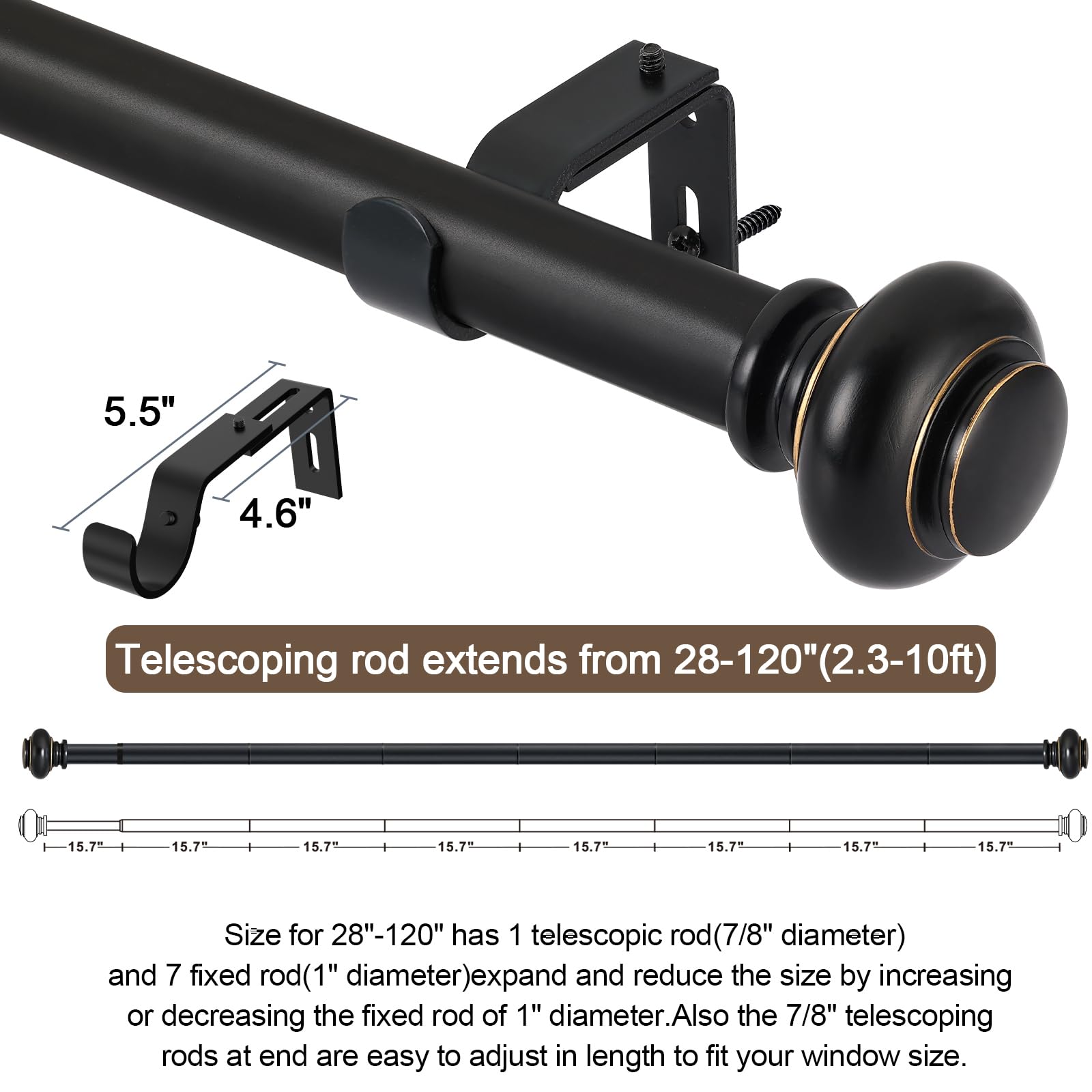 Snapklik.com : SIMEWIN Black Curtain Rods For Windows 66 To 120 Inches ...