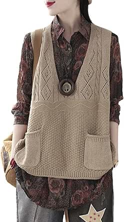 Amazon | [Monotory] ニットベスト レディース Vネック 袖なし ポケット付き ショート丈 セーターベスト 無地 オシャレ エレガント 通勤 トップス 体型カバー 着痩せ ...