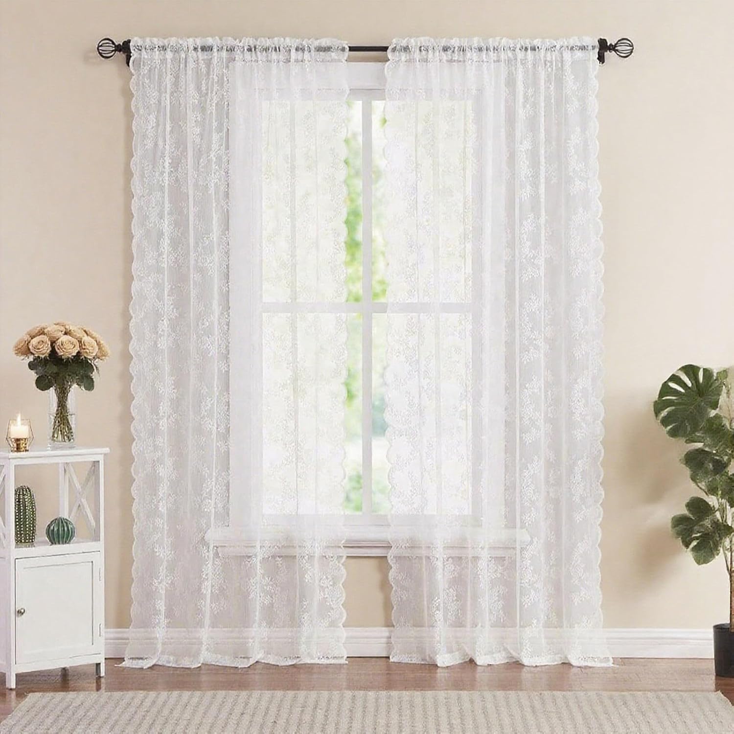 Amazon.com: XURUSHENG Lace Curtains Semi Sheer Light Filtering Privacy ...