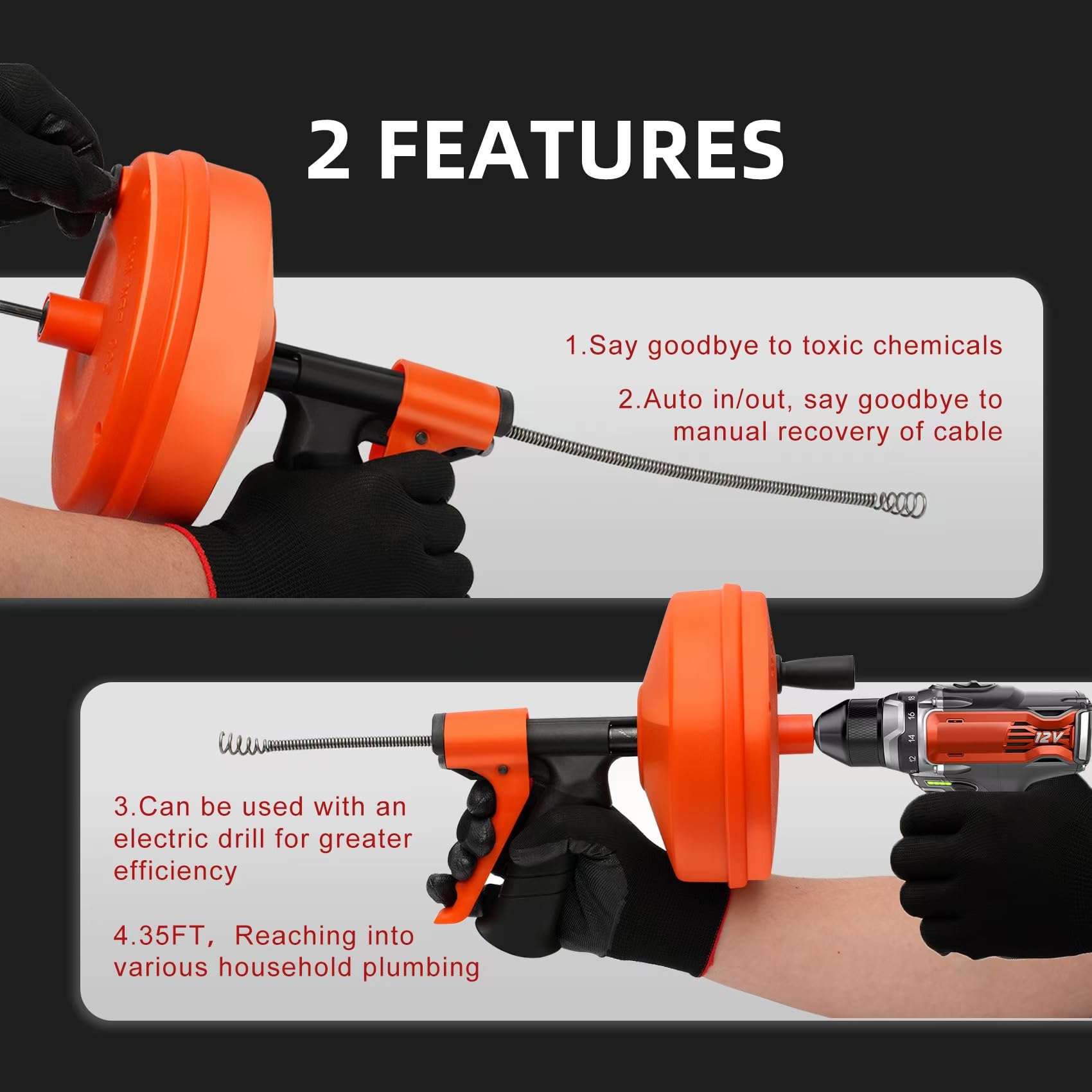 Snapklik.com : 35FT Drain Snake Auger 2.0 - AUTO FEED - Flexible ...