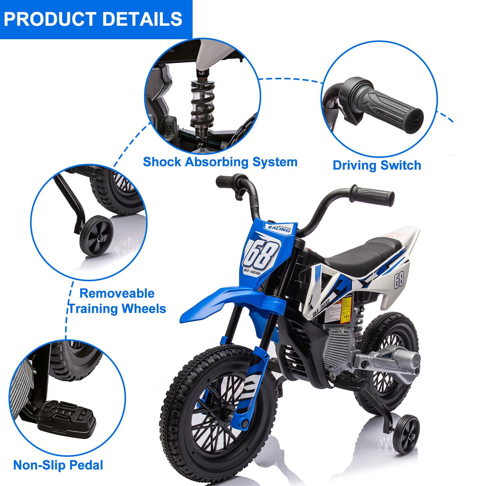 Toddler Dirt Bike Tamco 12V Kids Motorcycle, 3-6 Years, With Training Wheels, Manual Electric ...