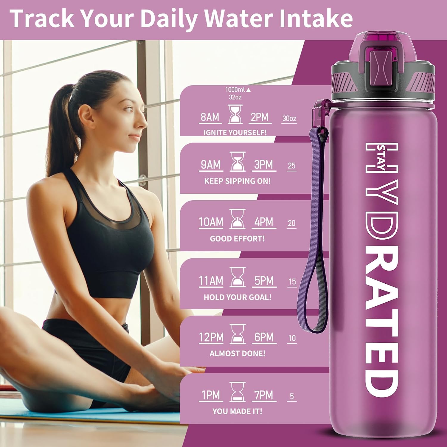 Water Bottle with Straw, 32oz Motivational Water Bottles with Time Marker to Drink, Tritan BPA ...
