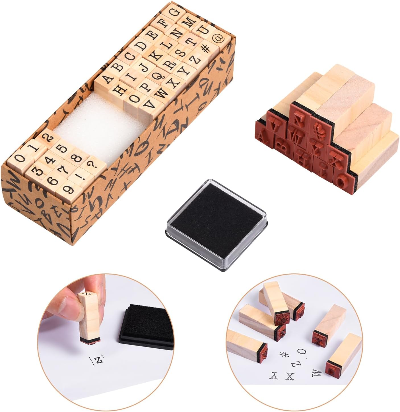 ZDNT 40 Pcs Wooden Rubber Stamps Kit - Alphabet & Numbers Mini Letter ...