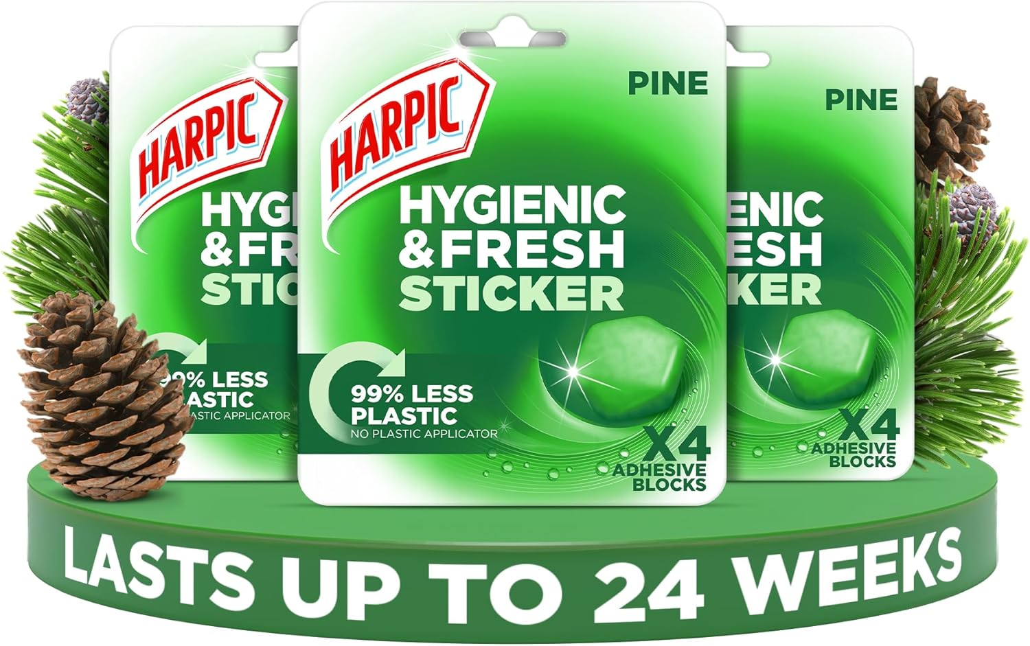 Harpic Hygienic Fresh Sticker Adhesive Toilet Block, Pine, Pack 3 x 4 ...