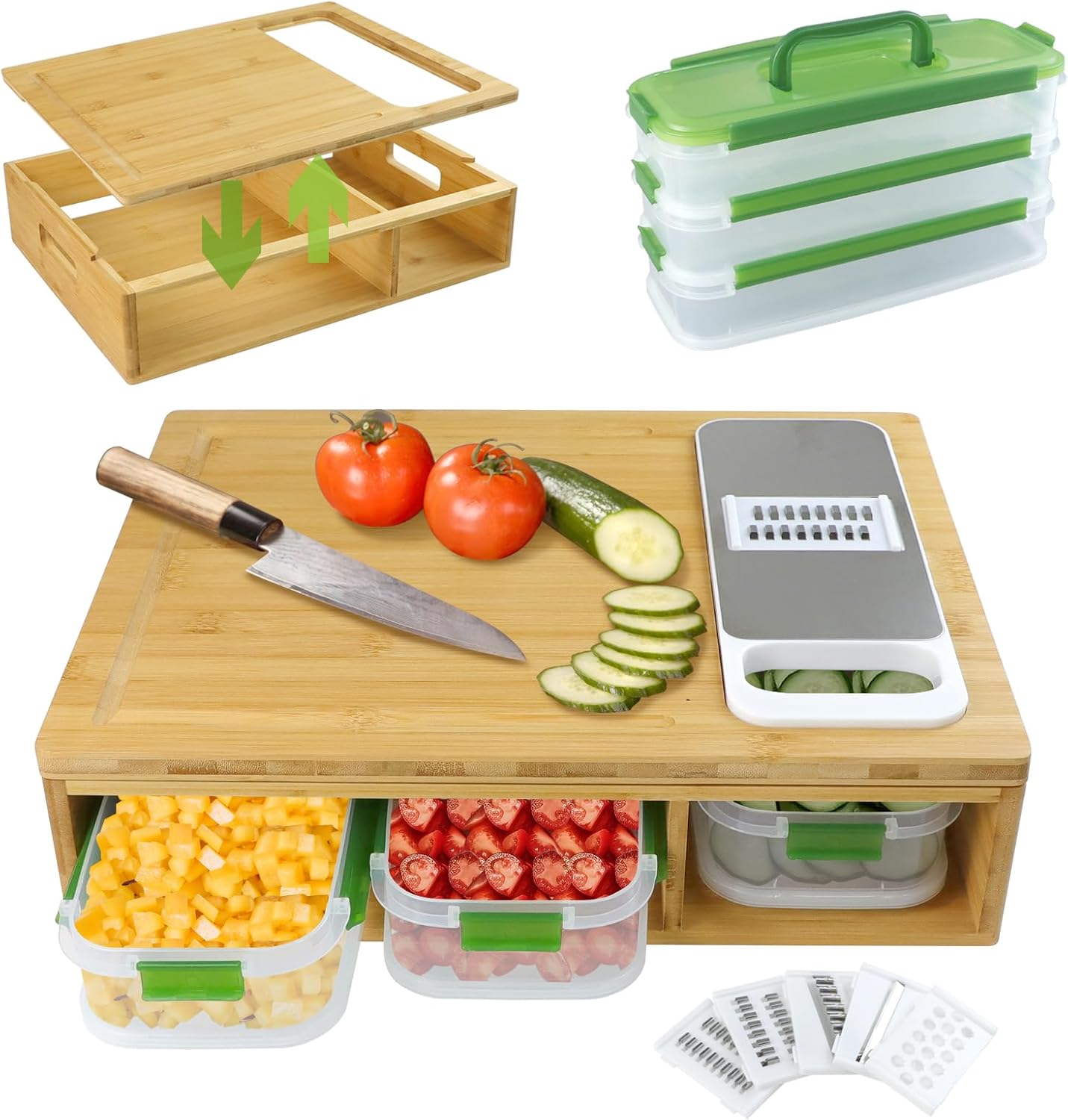 Amazon.com: IEMIEBSHA Bamboo Cutting Board with Containers, Large Meal ...