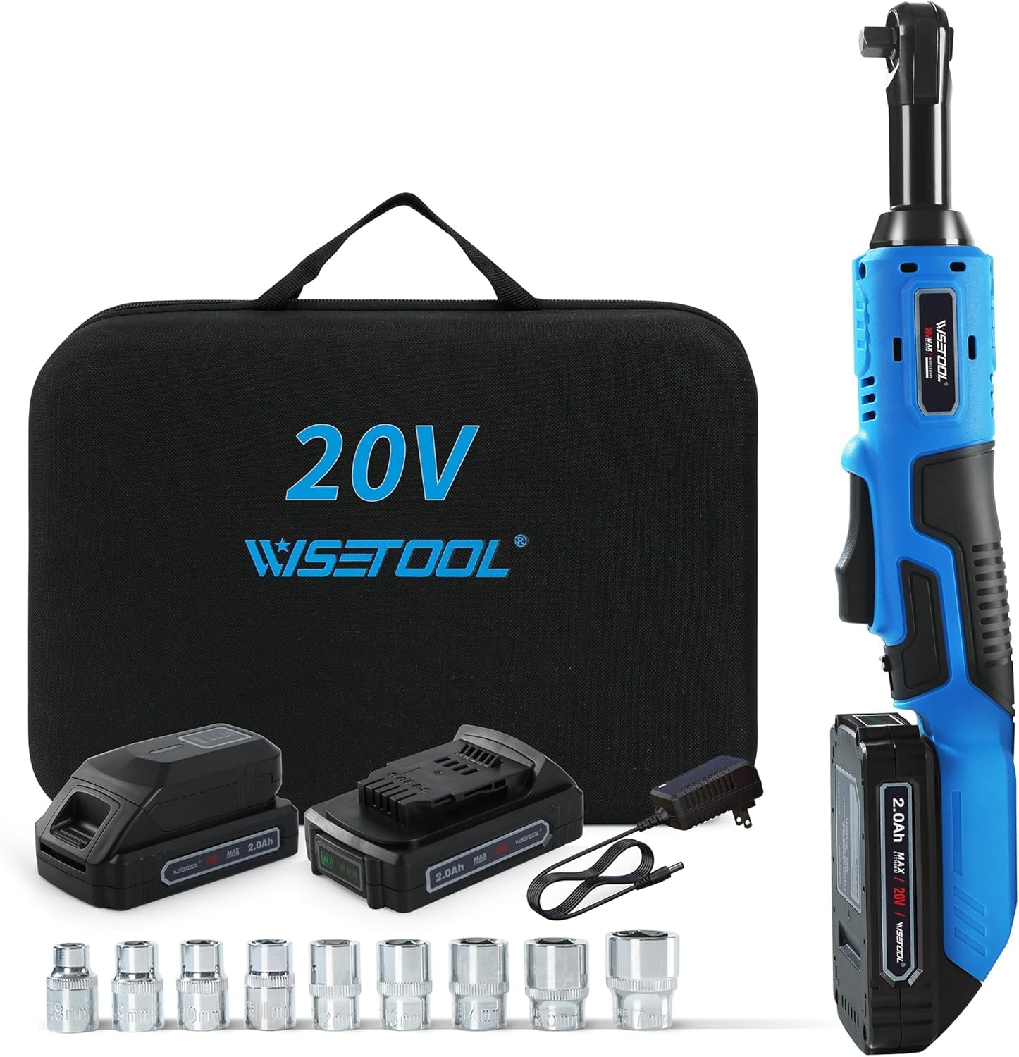 WISETOOL 20V 3/8 Inch Extended Cordless Ratchet Wrench w/ 2-Pack 2.0 Ah ...
