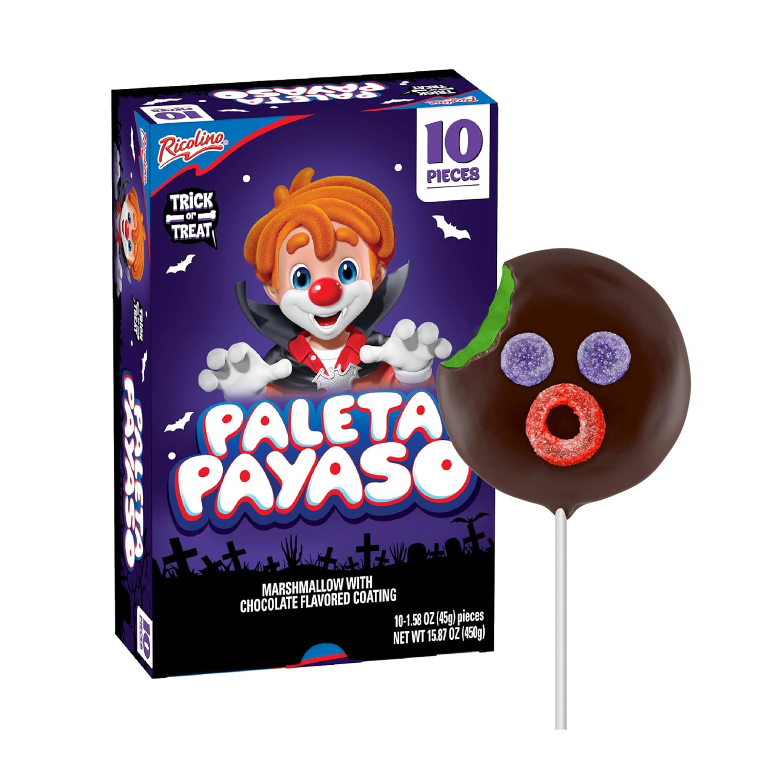 Amazon.com : Ricolino Paleta Payasusto 10 ct Box, Chocolate Flavored ...