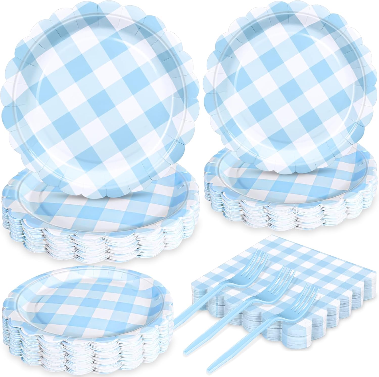 Amazon.com: Blue Gingham Party Plates Set for 24 Guests, 96 Pcs ...