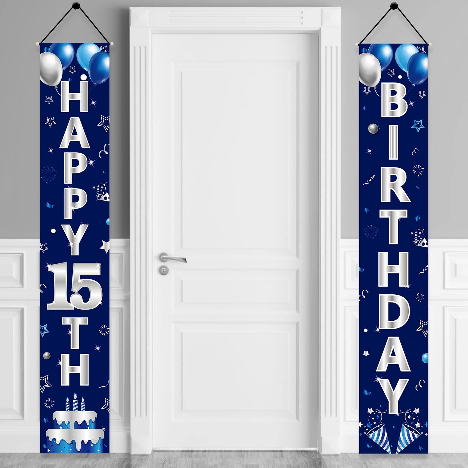 Amazon.com: SUNbetterland Blue glitter Happy 15th Birthday Banner, Pre ...