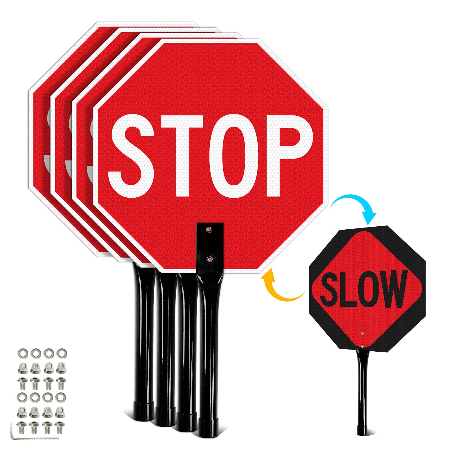 T&R (4 Pack) Stop Slow Sign with Handle, 13 x 13 Inches Double Sided ...