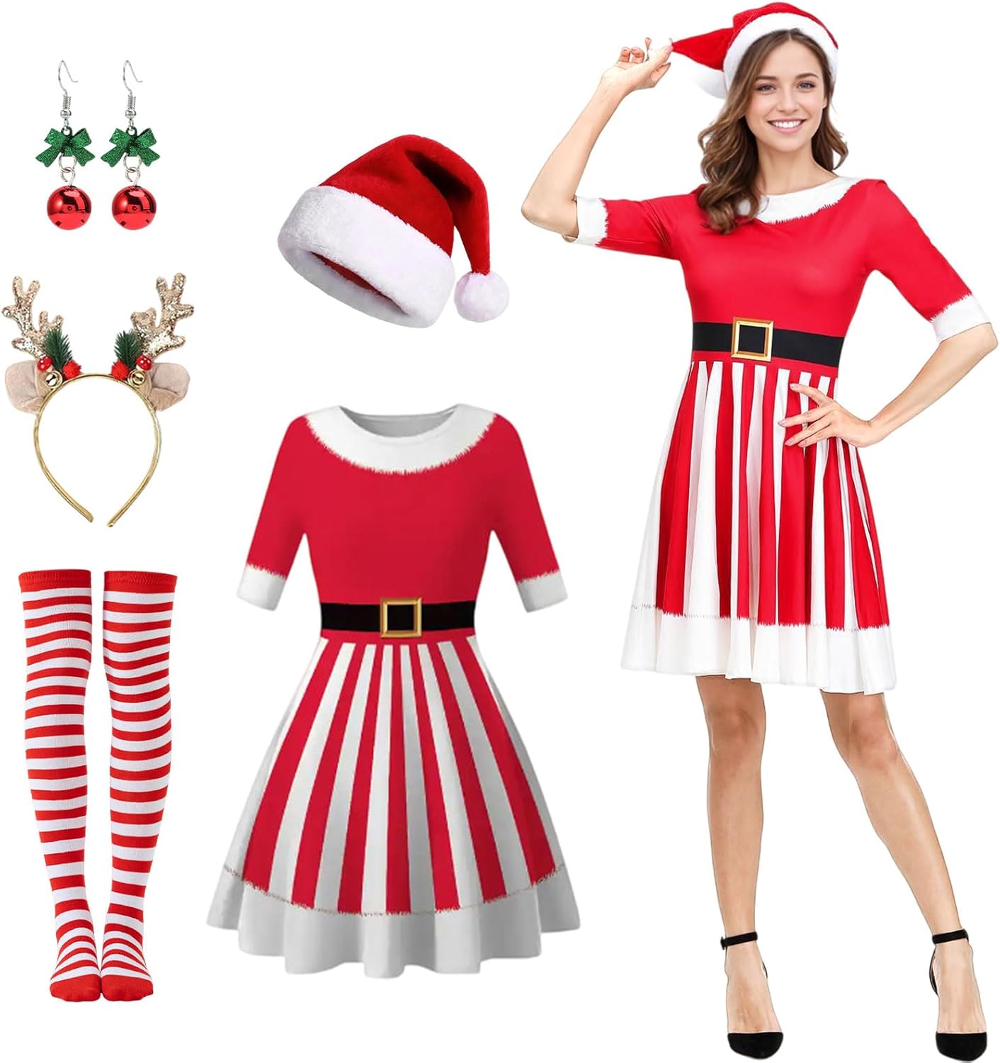 Costume d'elfe de Noël 5 pièces pour femme - Robe de Noël moche ...
