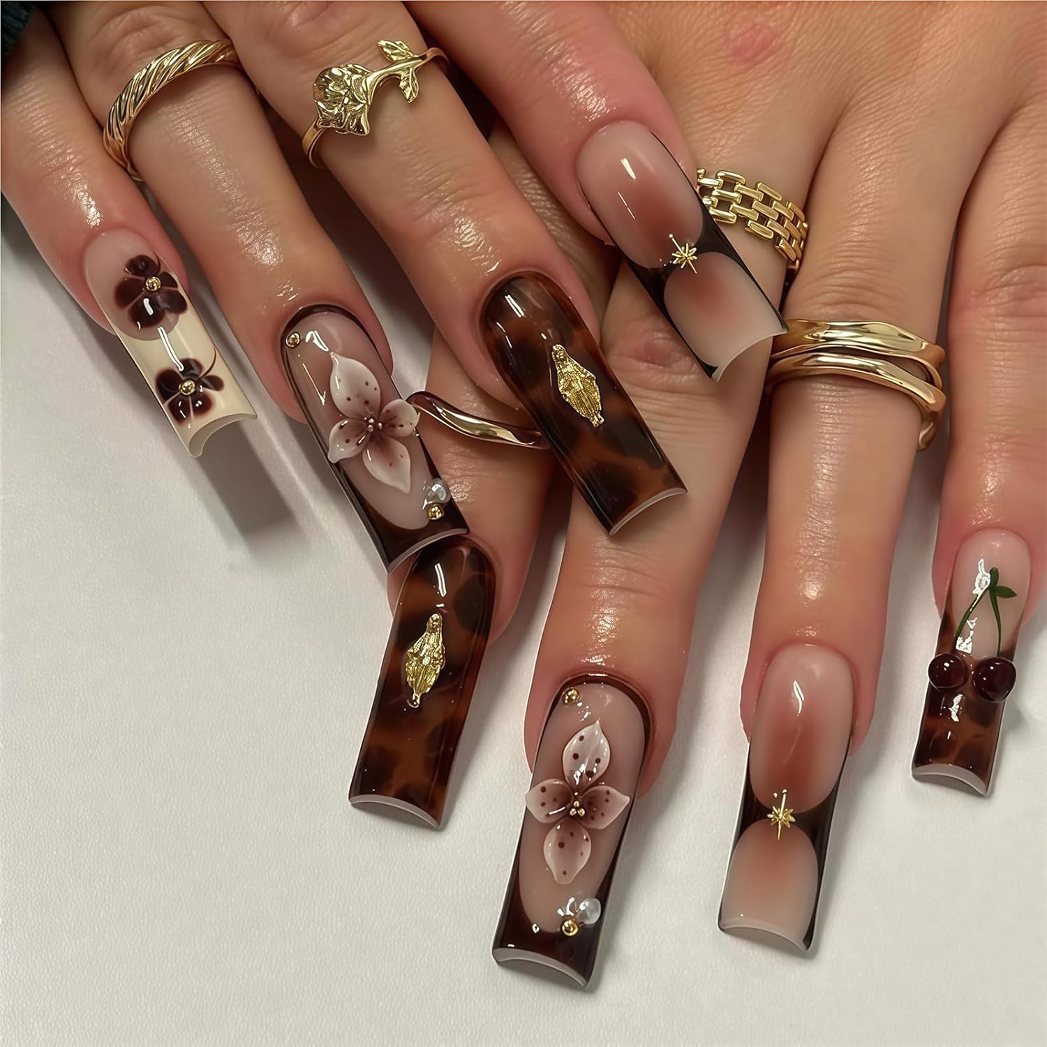 Auroriel 24 pièces Longues Ongles Pressés Carrés Marron à Motif Fleurs ...