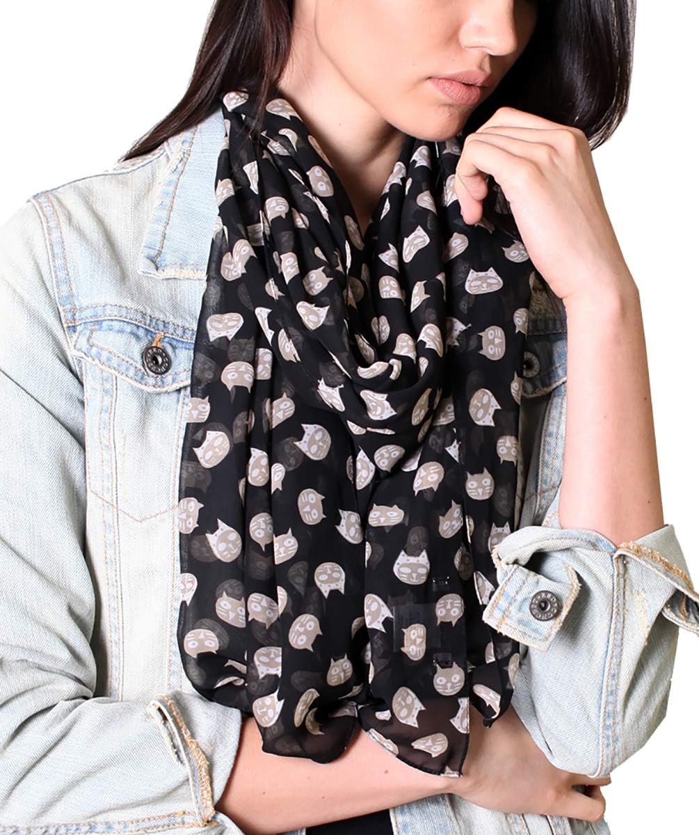 Anika Dali Women's Cute Meow Cat Print Scarf, Black, Silky Soft, Sheer ...
