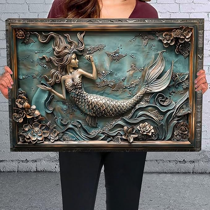 Amazon.com: SEMARY Mermaid FAKE 3D Effcet Canvas Wall Art - Bathroom ...