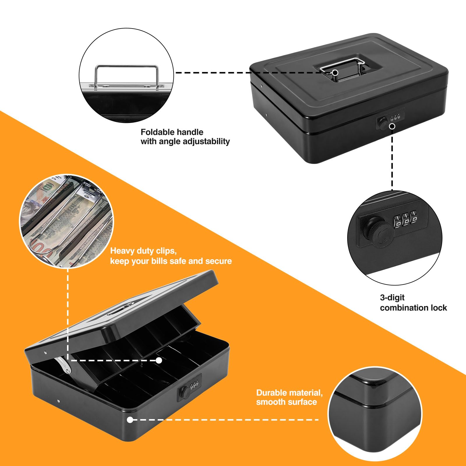 Locking Cash Box with Carry Bag, Metal Money Box with Money Tray ...