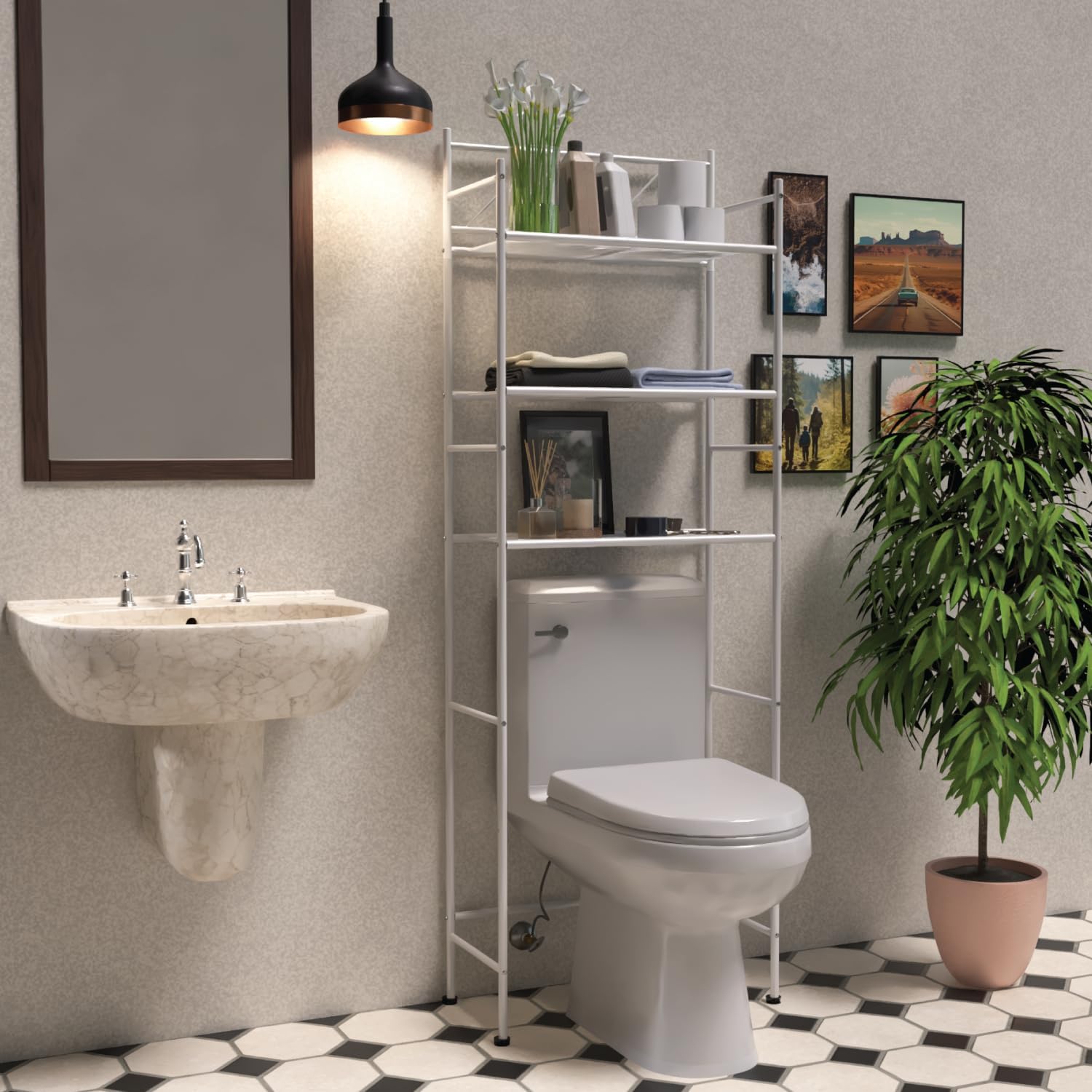 Amazon.com: Gesura Over Toilet Storage Rack Self Adhesive White 3 Tier ...