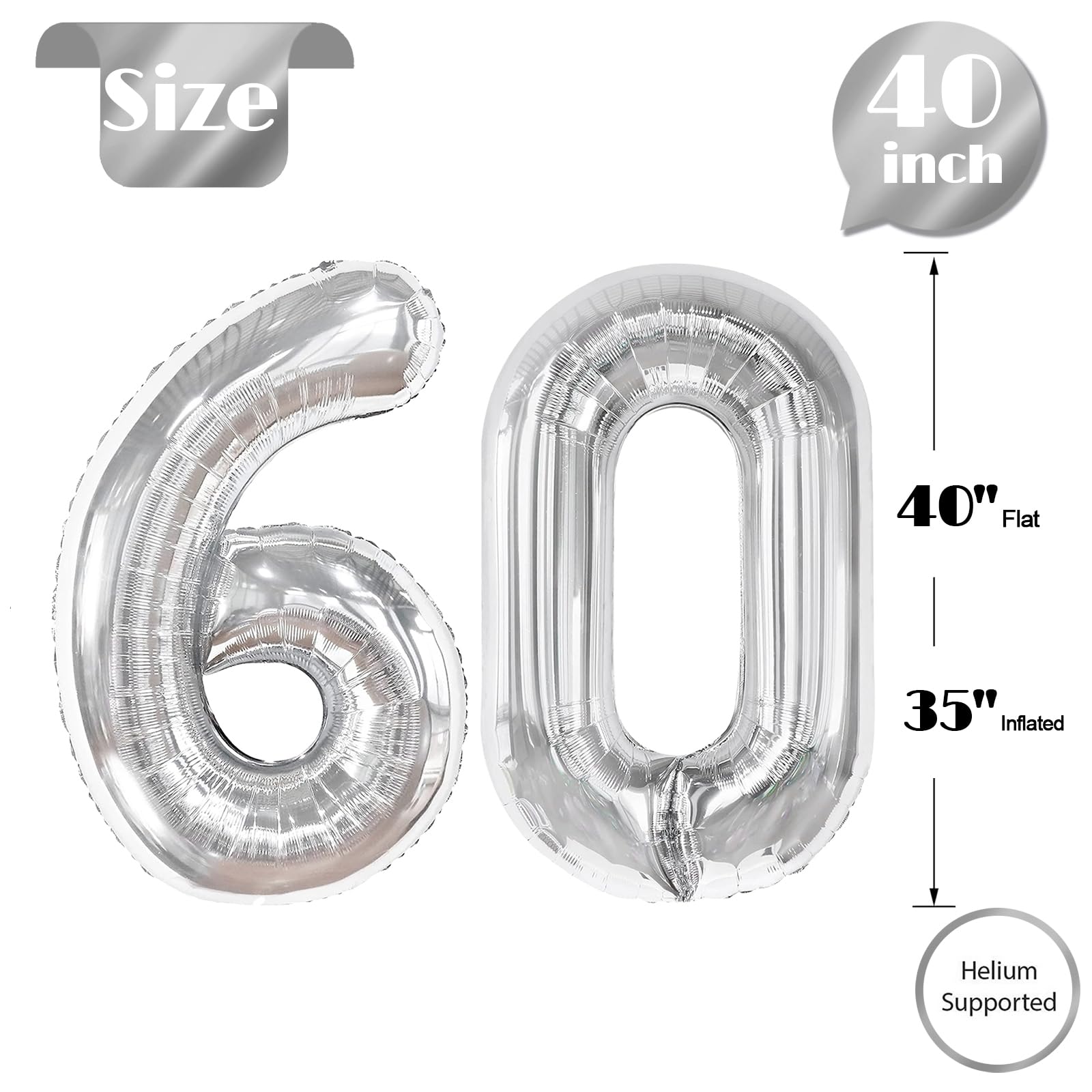 Snapklik.com : Silver Number 60 Balloon 40 Inch, 60 Number Balloons ...