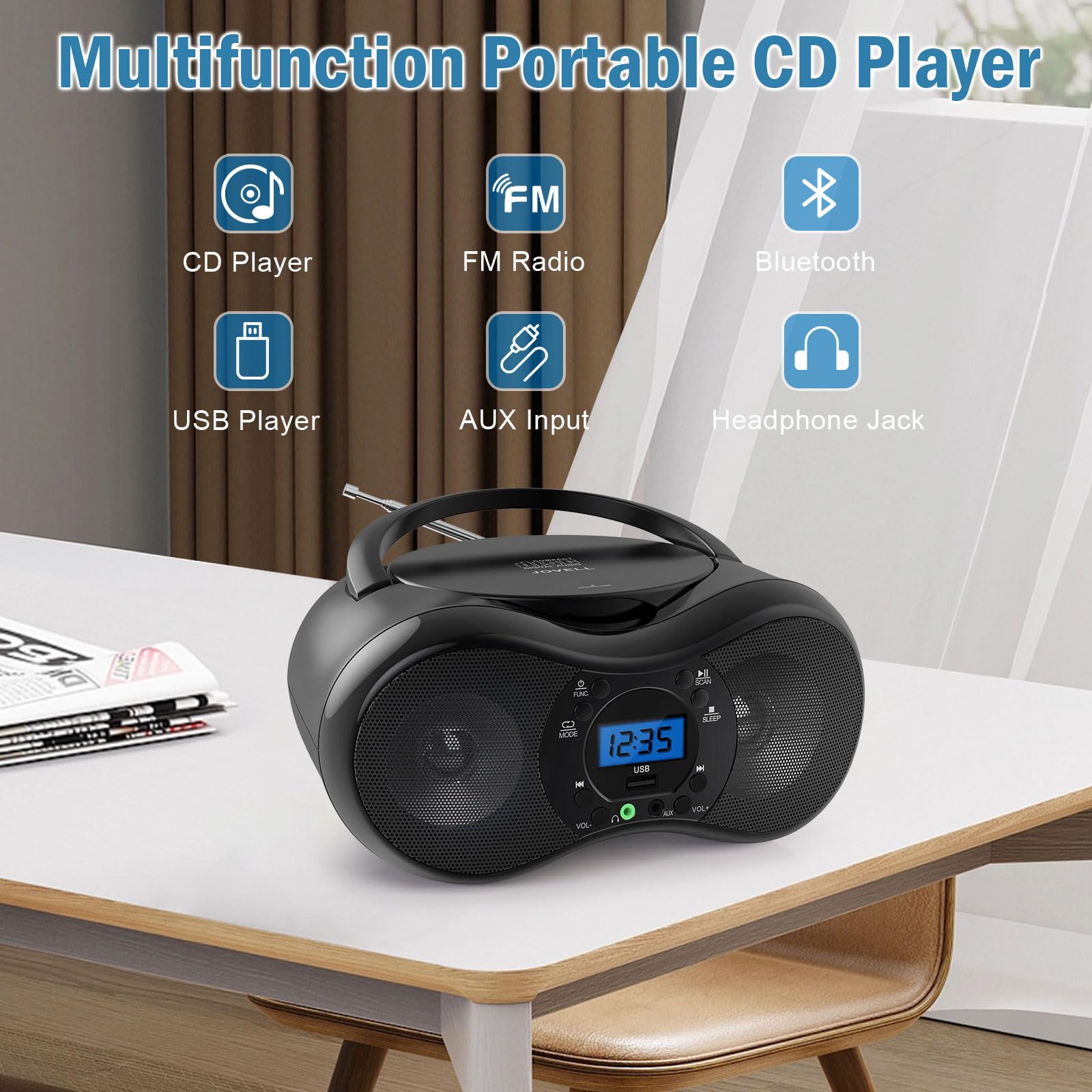 Portable CD Player Boombox, FM Radio Boombox with Bluetooth5.1, USB ...