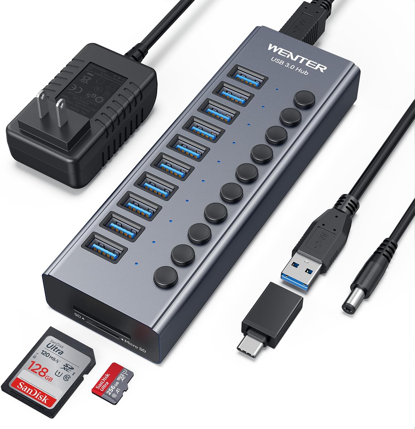 Amazon.com: Powered USB 3.0 Hub, Wenter 10 Ports 36W Powered USB Hub ...