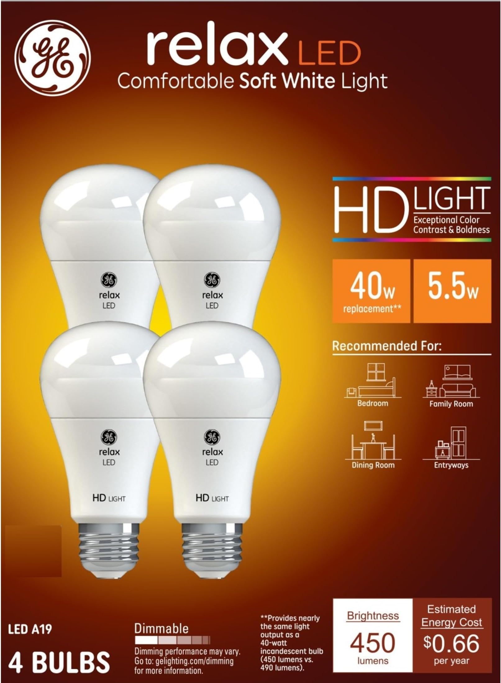 GE Relax LED Light Bulbs, 40 Watt, Soft White, A19 (4 Pack) - Amazon.com
