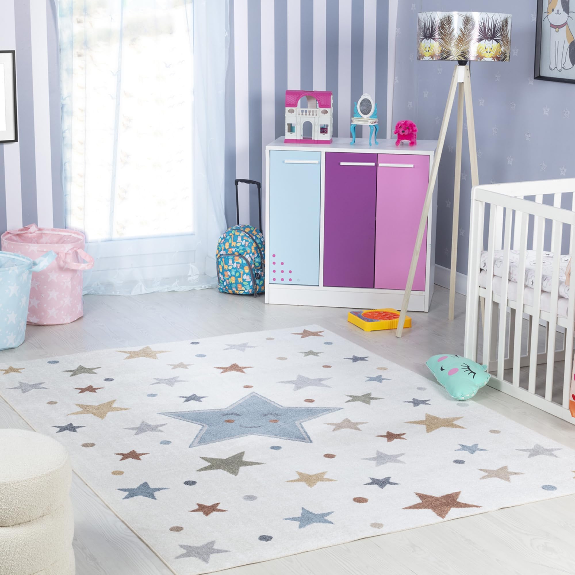 Children’s Kids Scandi Rug Durable Cream Grey Mountains Stars Moon ...