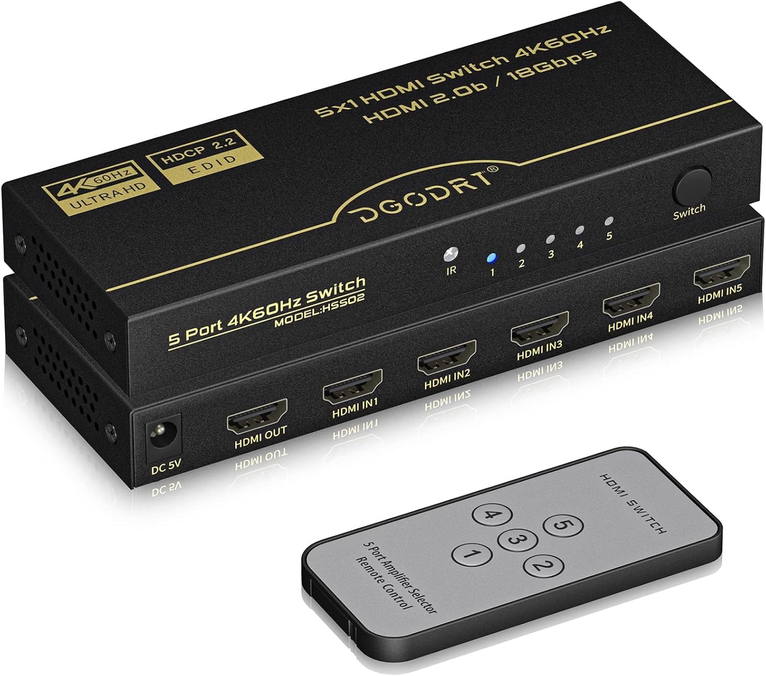 HDMI Switch 4K 60Hz 5 in 1 Out, 5 Port HDMI Umschalter Selector Box mit ...