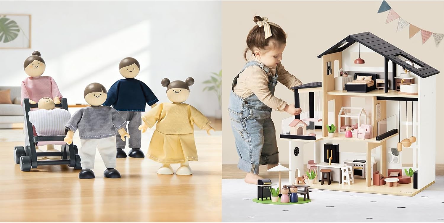 Amazon.com: Tiny Land Modern Wooden Dollhouse & 5-Piece Poseable Wooden ...