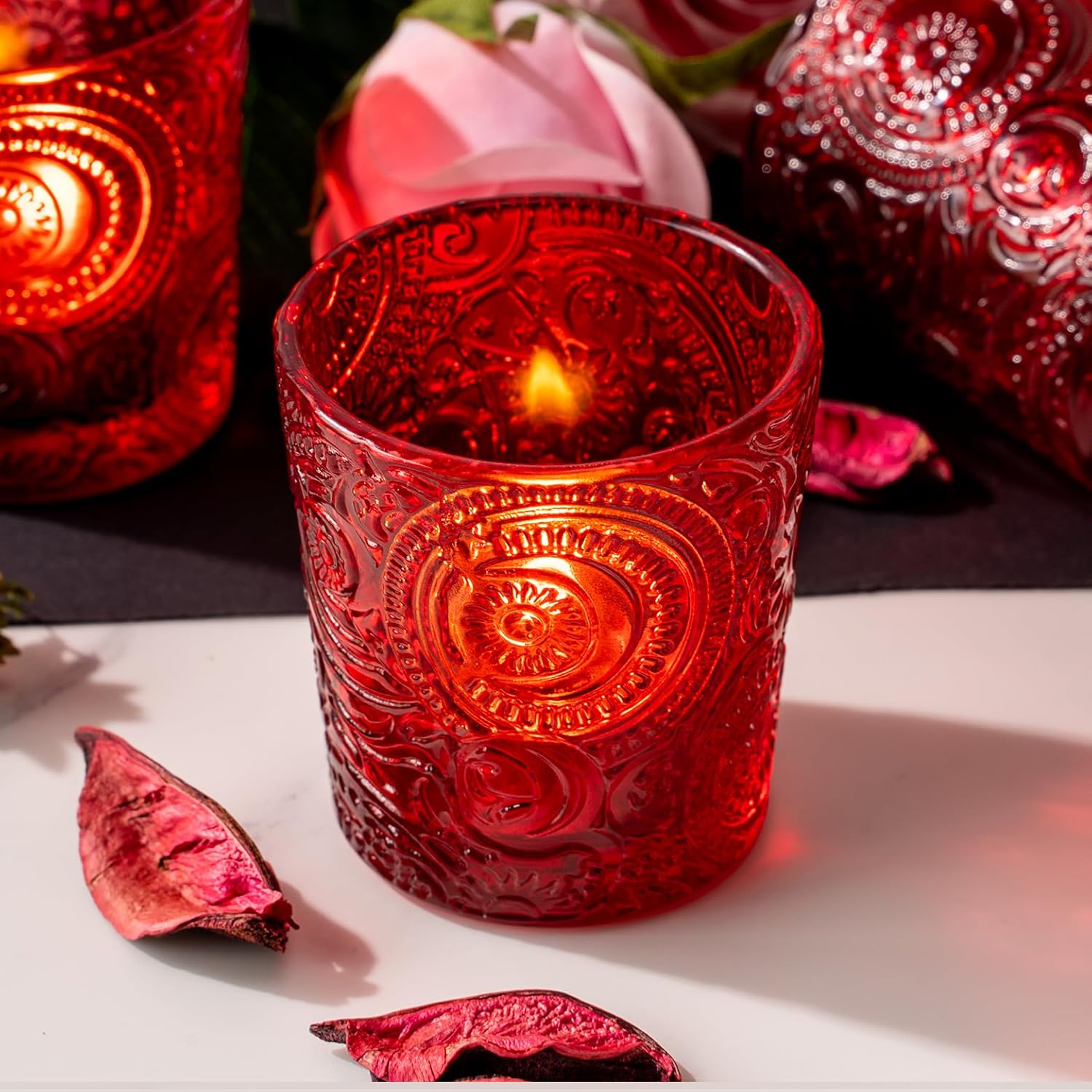 Amazon.com: 6 Pack Sun Moon Star Embossed Glass Tea Light Candle ...