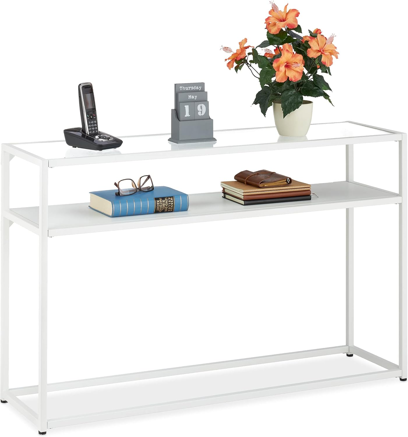 Relaxdays Konsolentisch, 2 Ebenen, Flur & Wohnzimmer, HBT: 70 x 110 x 30 cm, Metall, Glas ...