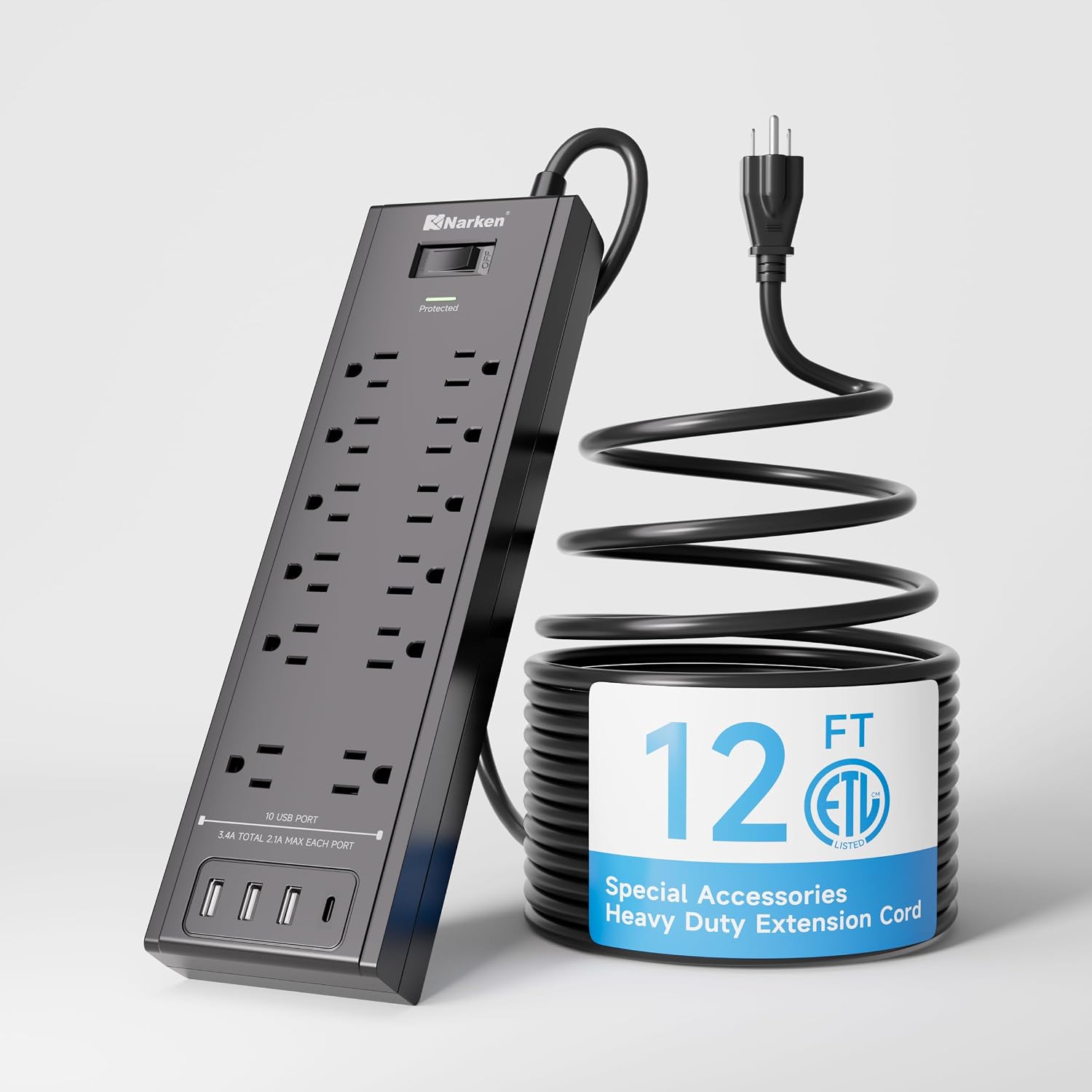 Amazon.com: Narken Power Strip with 12 Ft Long Flat Plug Heavy Duty ...