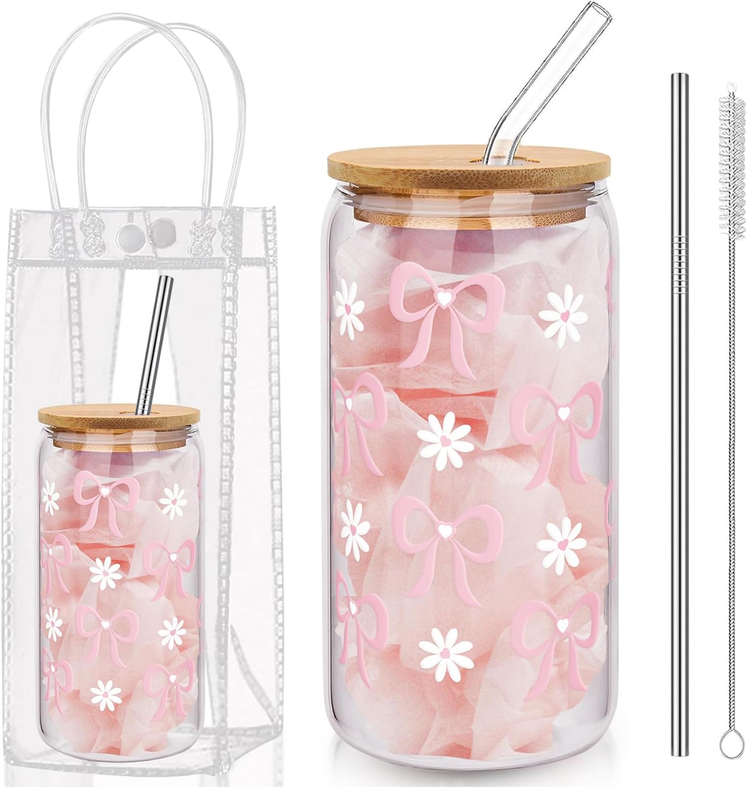 Charfia Pink Bow Glass Cup Set, 500ML Iced Coffee Cup with Bamboo Lids ...