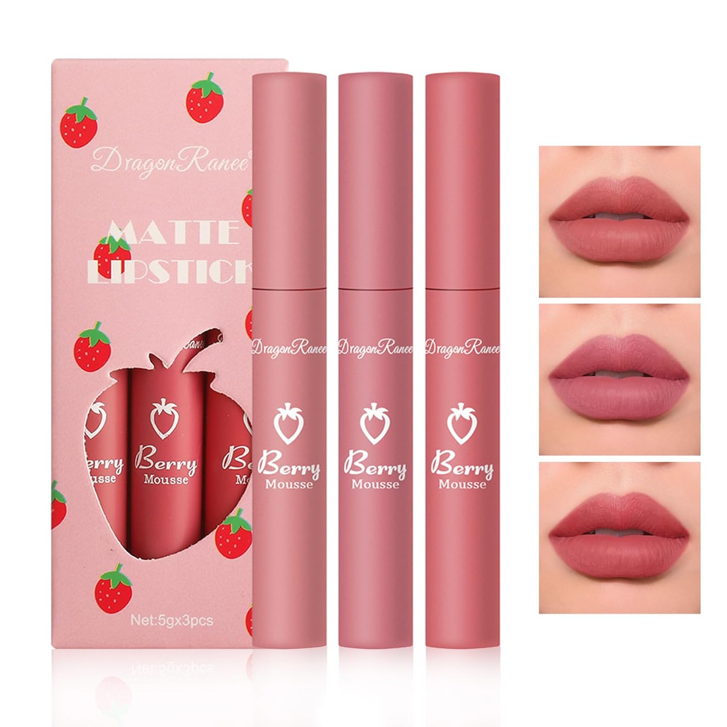 Juego de 3 pintalabios mate, mate, brillo de labios natural, brillante, voluminoso, largo, láser ...