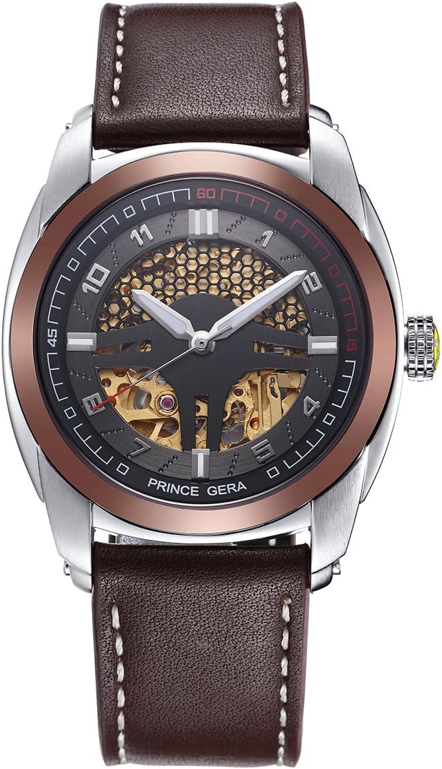 PRINCE GERA Men's Leather Watch Brown Tourbillon Automatic Analog ...