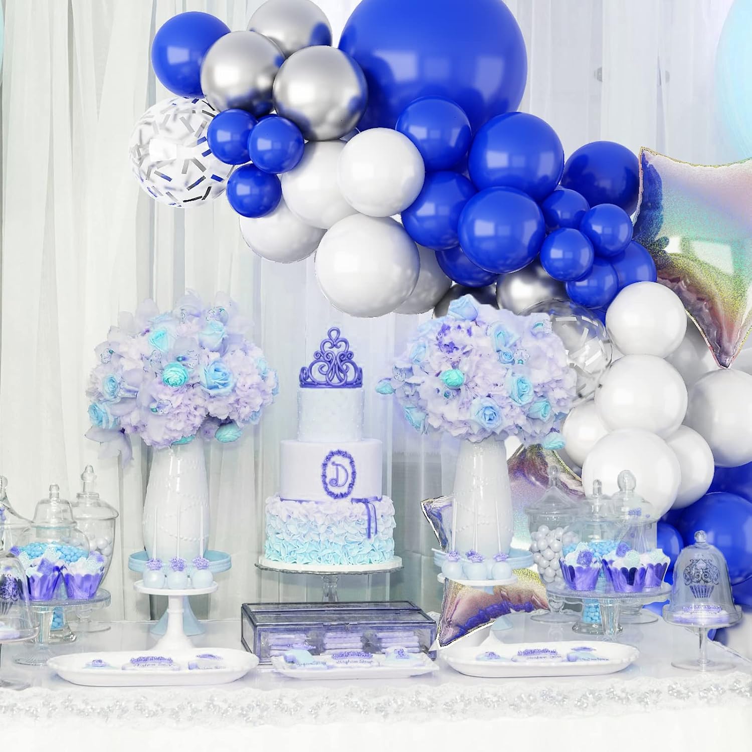 GREMAG Kit de guirnalda de globos azules y blancos, 102 piezas de arco ...