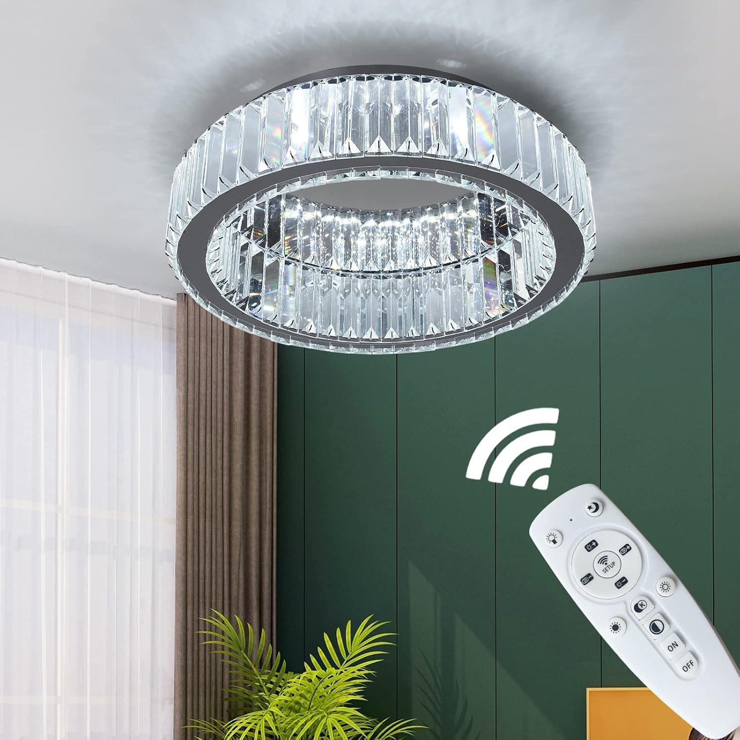 Vinilky 15'' Crystal Ceiling Light with Remote, 3 Color Dimmable Modern ...