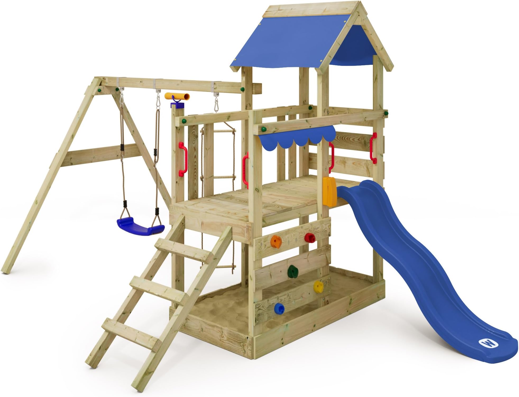 WICKEY Wooden climbing frame TurboFlyer with swing set & blue slide ...