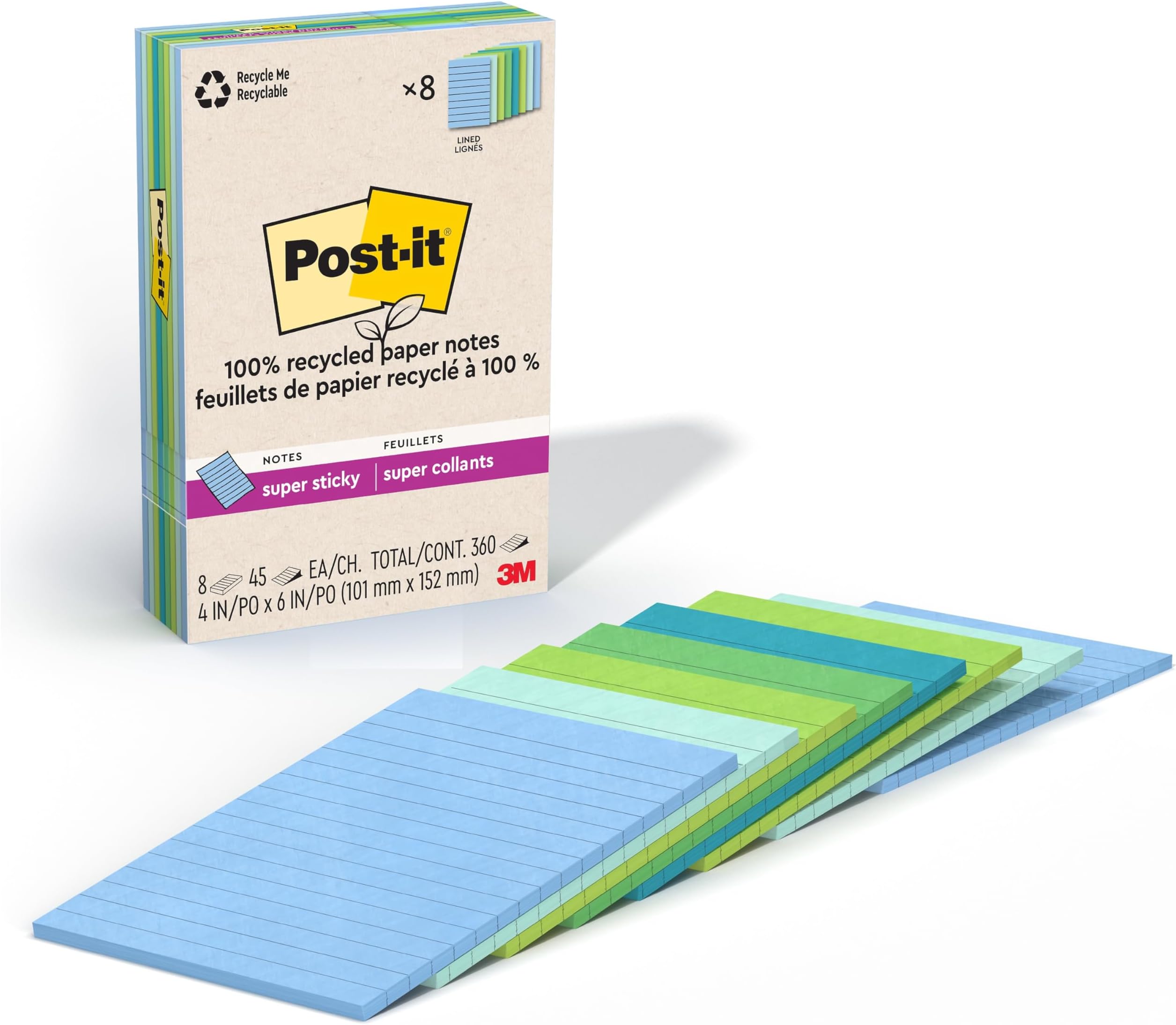 Amazon.com : Post-it Super Sticky Recycled Notes, 4x6 in, 3 Pads, 2X ...